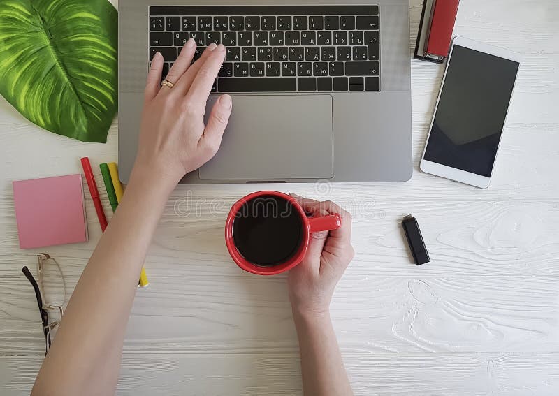 Desktop Computer Laptop Hands View from Above Stock Image - Image of ...
