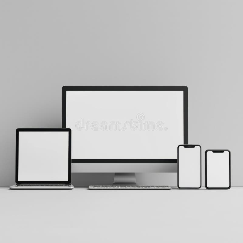 Desktop Computer, a Laptop, and a Smartphone All with Blank Screens ...