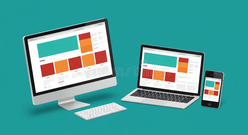 Desktop Computer, Laptop, and Smartphone Display a Website with a Grid ...
