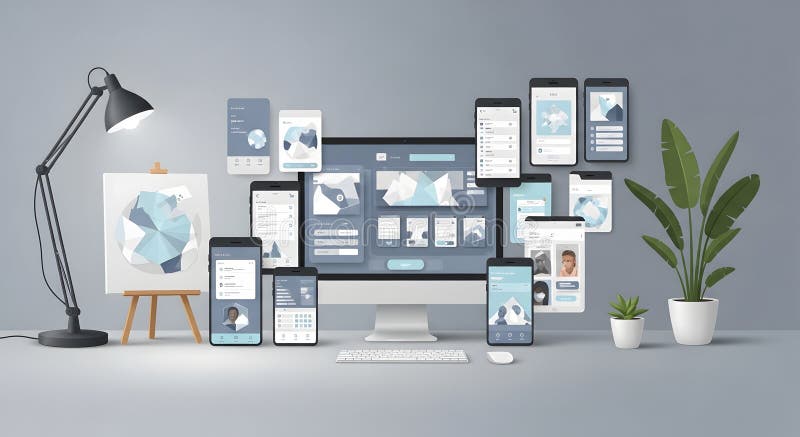 Desktop Computer and Mobile App Interfaces in a Studio with Desk Lamp ...