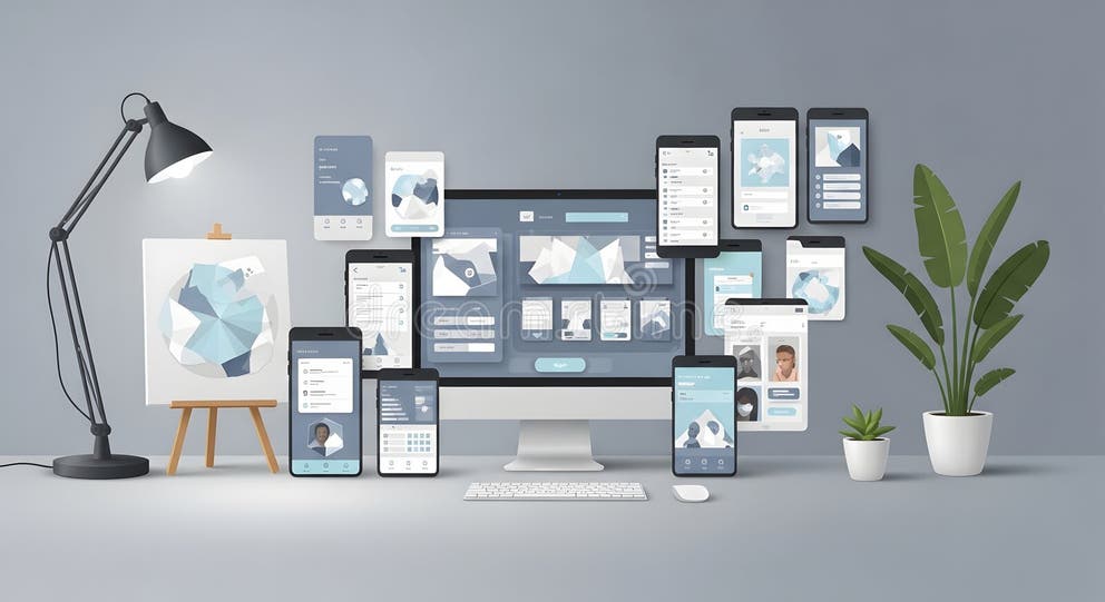 Desktop Computer and Mobile App Interfaces in a Studio with Desk Lamp ...