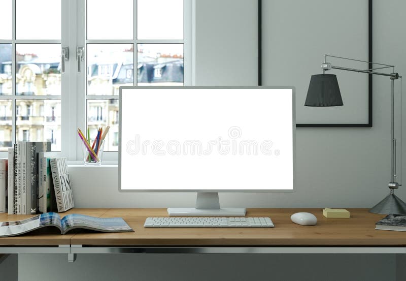Desktop Computer Mock-up with White Screen Stands on the Office Desk ...