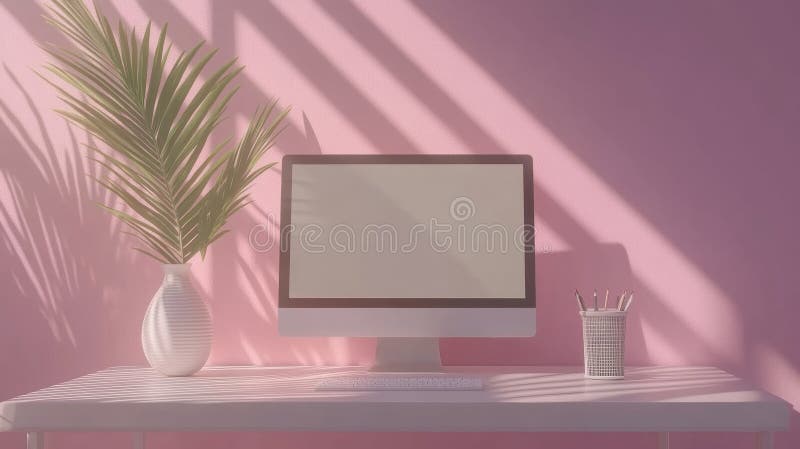 A Desktop Computer Mockup, Plant, Books, and Sunlight are All Present ...