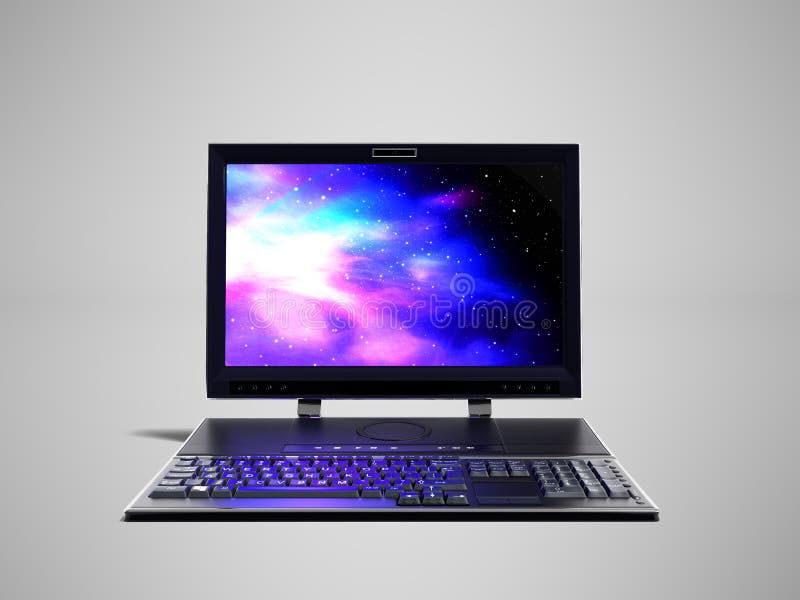 Desktop Computer with Monitor and Keyboard in Front 3d Render on Blue ...