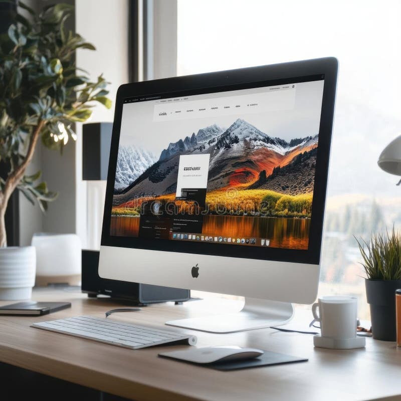 Desktop Computer with Mountain Landscape Wallpaper Stock Illustration ...