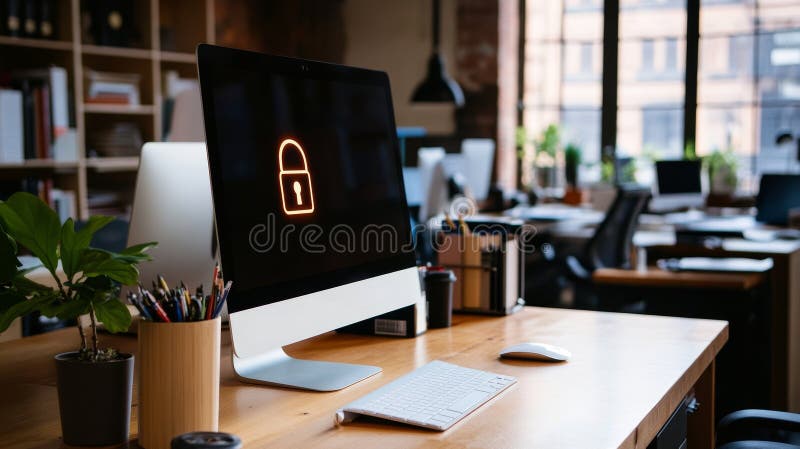 Desktop Computer in Office Displaying a Prominent Glowing Padlock Icon ...