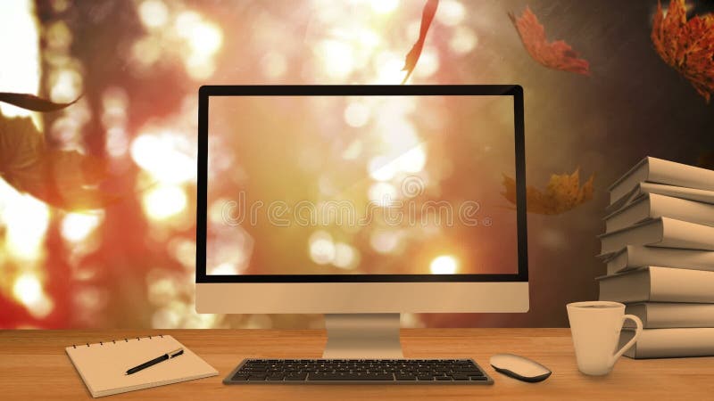 Desktop Computer and Office Equipment on a Table Against Autumn Maple ...
