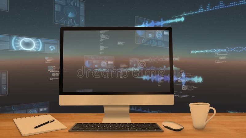 Desktop Computer and Office Equipment on a Table Against Multiple Round ...