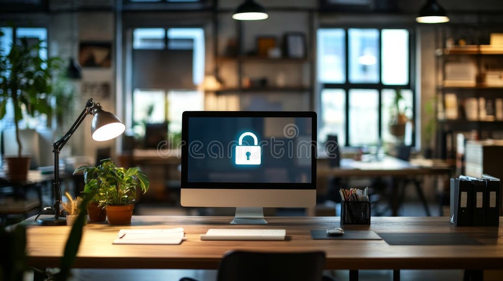 Desktop Computer in Office with Prominent Glowing Padlock Icon on ...