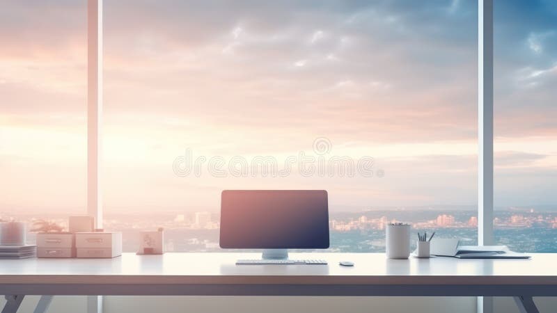 Empty Office, Wooden Office Desk with Laptop, Books and Desk Lamp Stock ...