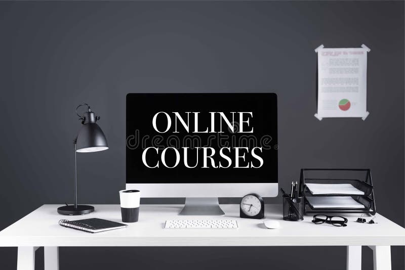 Desktop Computer with Online Courses Inscription on Screen, Business ...