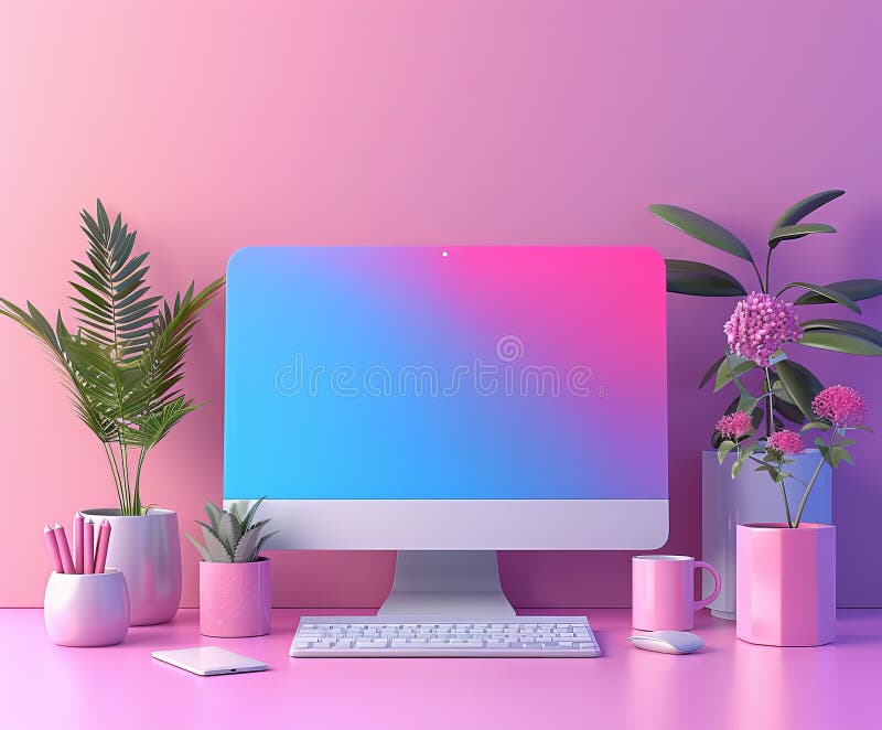 Desktop Computer on Pink Desk Stock Illustration - Illustration of room ...