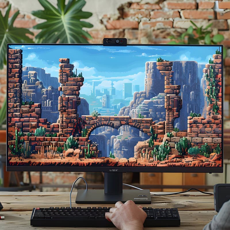 Desktop Computer with Pixel Art on Screen Displaying Fantasy Landscape ...