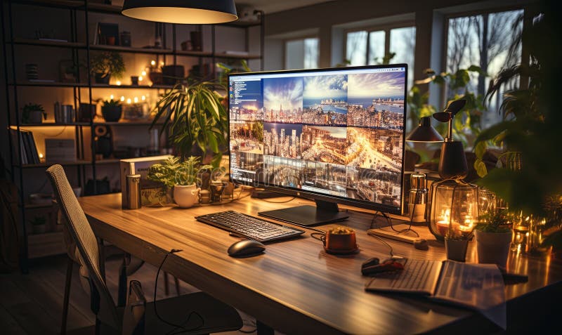 Desktop Computer on Wooden Desk Stock Image - Image of technology ...