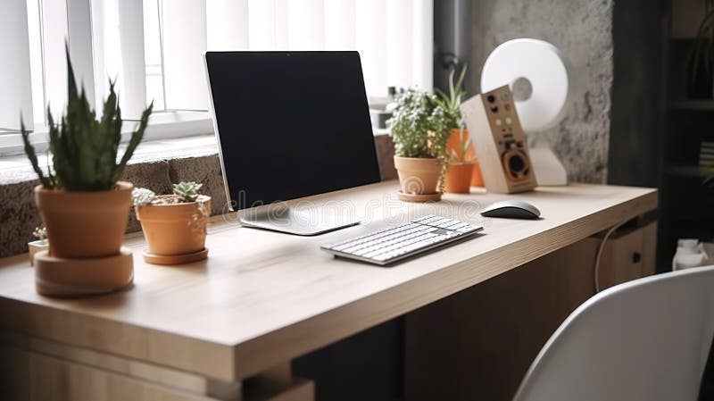 Desktop with Computer and Plants, Generative AI. Stock Illustration ...