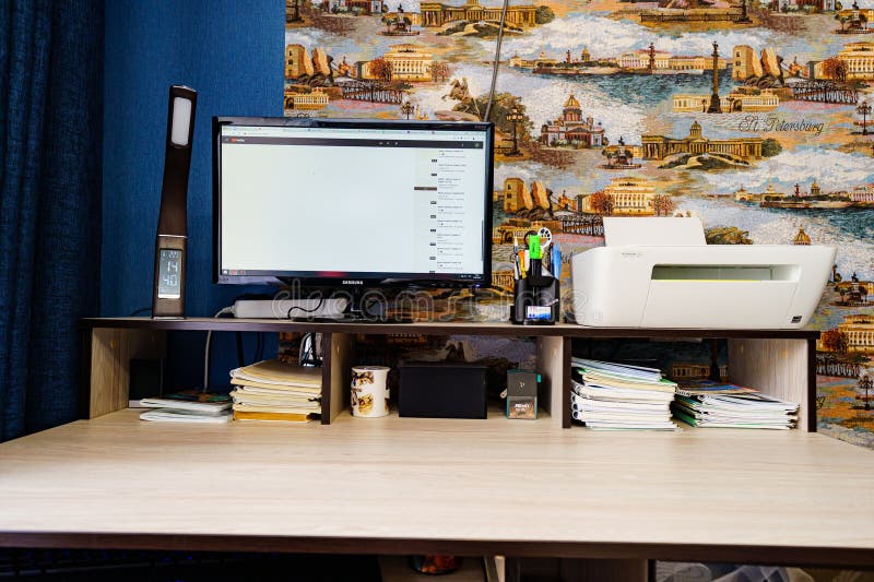 Desktop with Computer and Printer. Furniture and Appliances for Work at ...