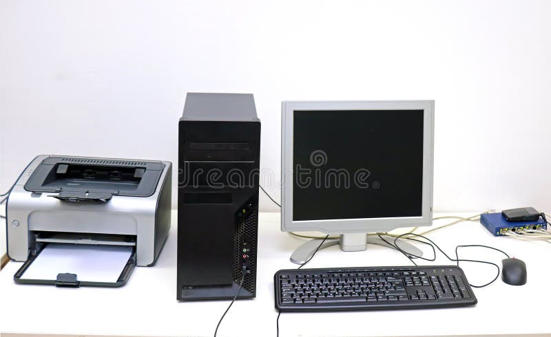 Desktop Computer with Printer Stock Photo - Image of print, keyboard ...