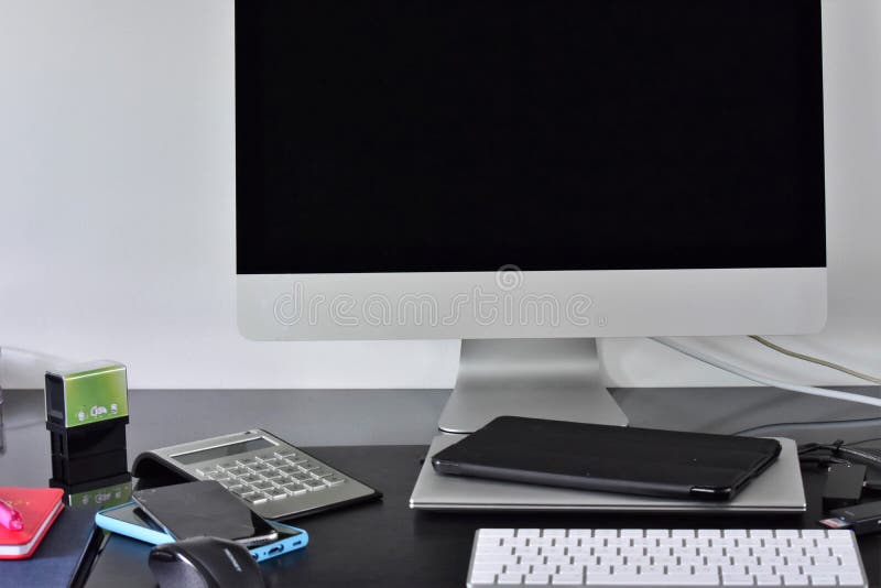 Desktop with Computer and Radio Stock Image - Image of interior ...