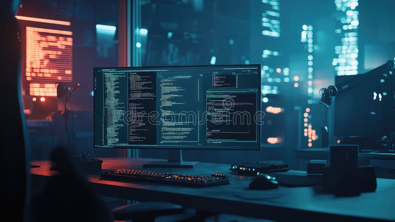 Desktop Computer Screen Displaying Source Code Programming at Night Stock Image - Image of city ...