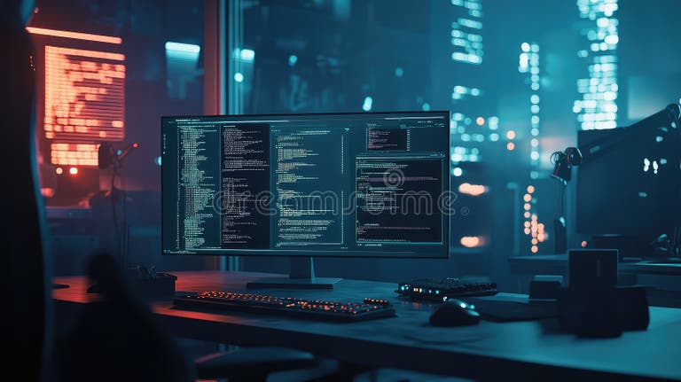 Desktop Computer Screen Displaying Source Code Programming at Night Stock Image - Image of city ...