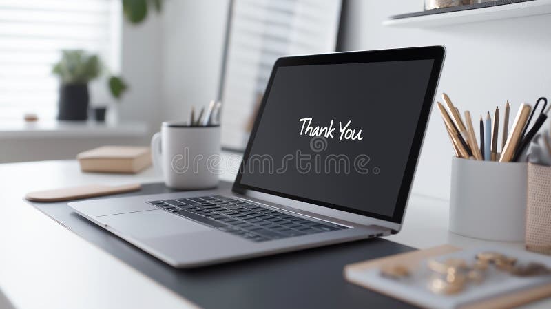On the Desktop, a Computer Screen Displaying Thank You Symbolizes a ...