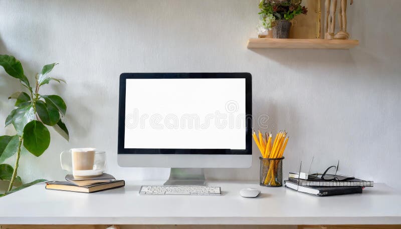 Desktop and Computer Screen White Desk and Pencil. White Office Wall ...