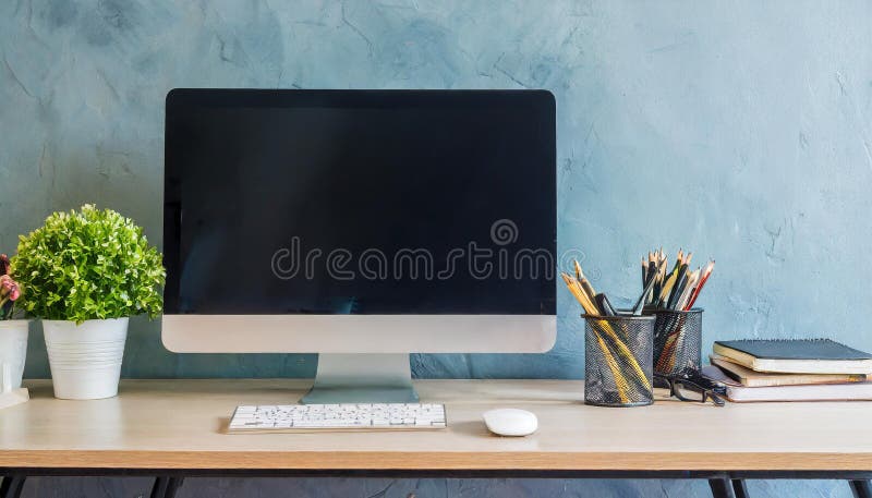 Desktop and Computer Screen White Desk and Pencil. White Office Wall ...
