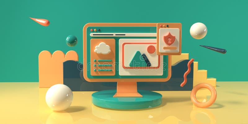 Desktop Computer with a Security Icon and Geometric Shapes - 3D Stock ...