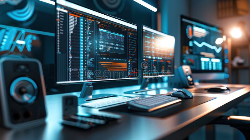 A Desktop Computer Setup with Dual Monitors, a Keyboard, Stock ...