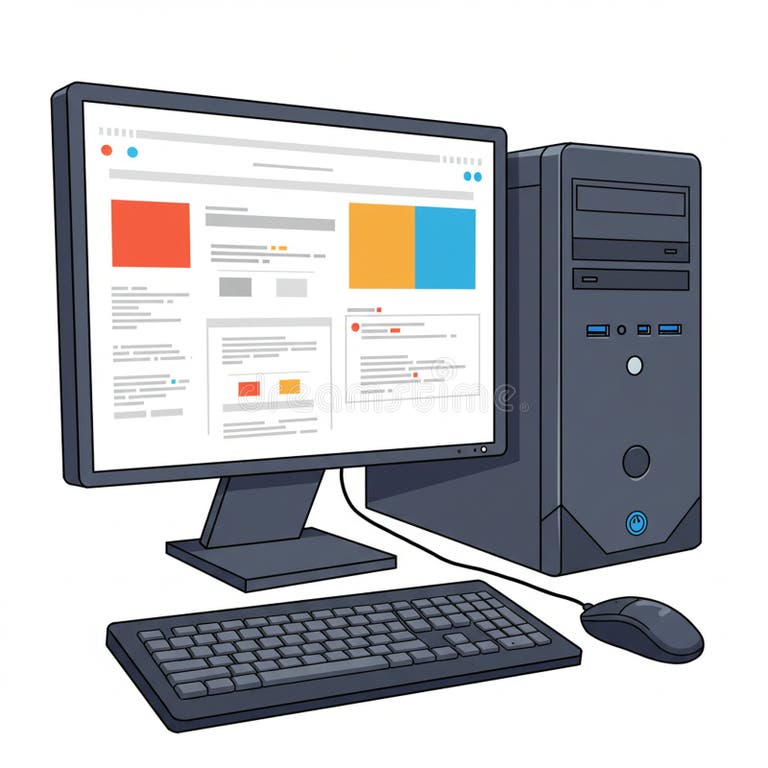 Desktop Computer Setup Featuring A Monitor Tower Keyboard And Mouse