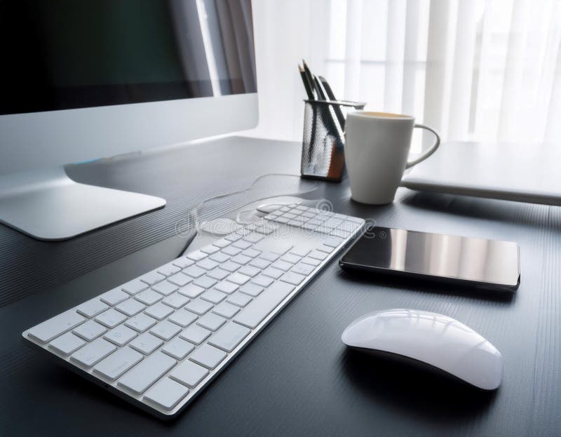 Desktop Computer Setup, Including Accessories Like Keyboard and Mouse ...