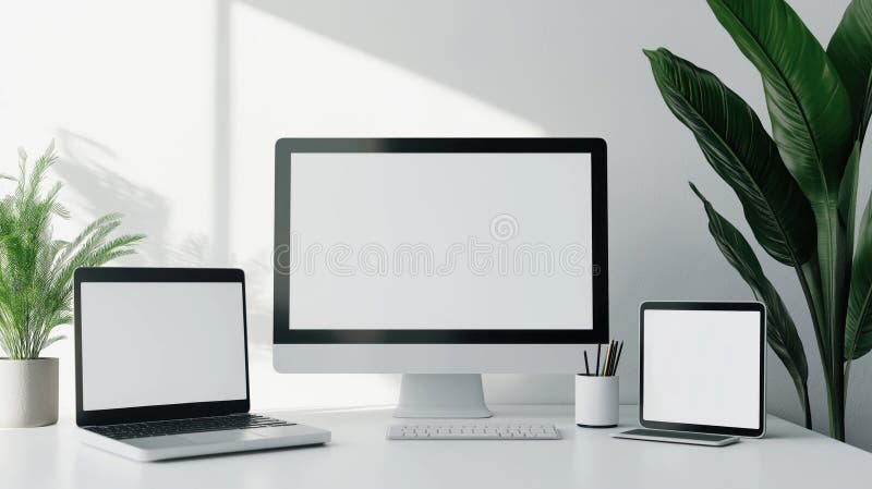 Desktop Computer Setup with a Laptop, a Desktop Monitor, a Tablet, and ...