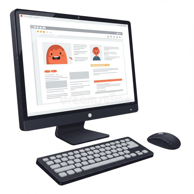 A Desktop Computer Setup with a Slim Monitor Displaying a Webpage Featuring Stock Illustration ...