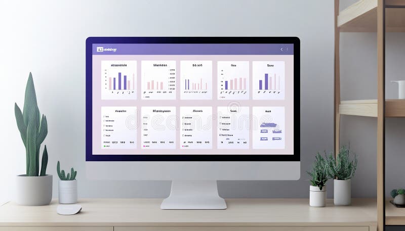 Desktop Computer Displaying Financial Dashboard on a Wooden Desk with ...