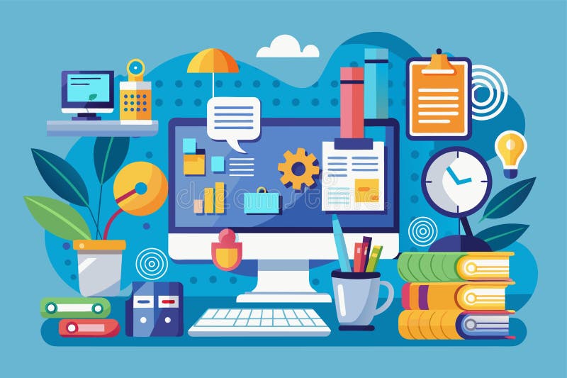 A Desktop Computer Sits among Various Office Supplies Like Pens, Papers ...