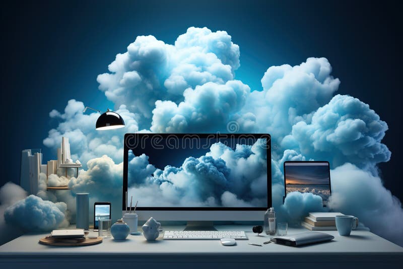 A Desktop Computer Sitting on Top of a Desk, Many Devices. Clouds ...
