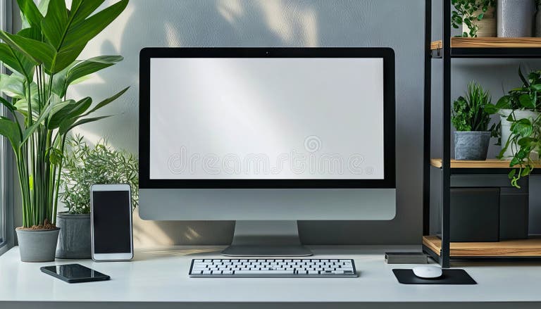 A Desktop Computer Sitting on Top of a White Desk Stock Photo - Image ...