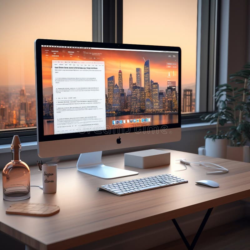 A Desktop Computer Sitting on Top of a Wooden Desk Stock Illustration ...