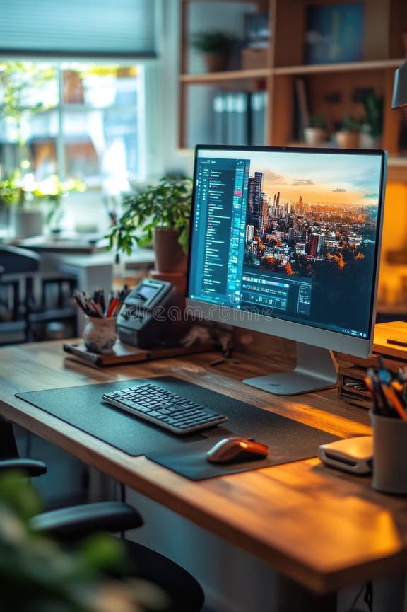 A Desktop Computer Sitting on a Wooden Desk with a Simple Setup Stock ...