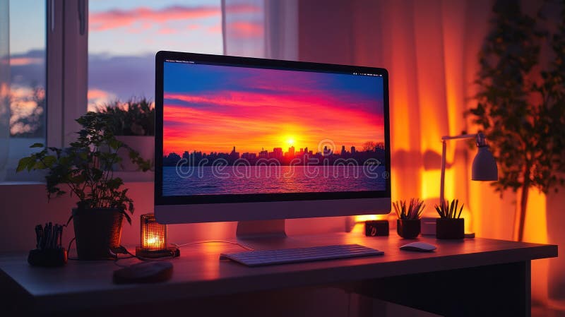 Desktop Computer with Sunset View on Screen in Cozy Home Office Stock ...