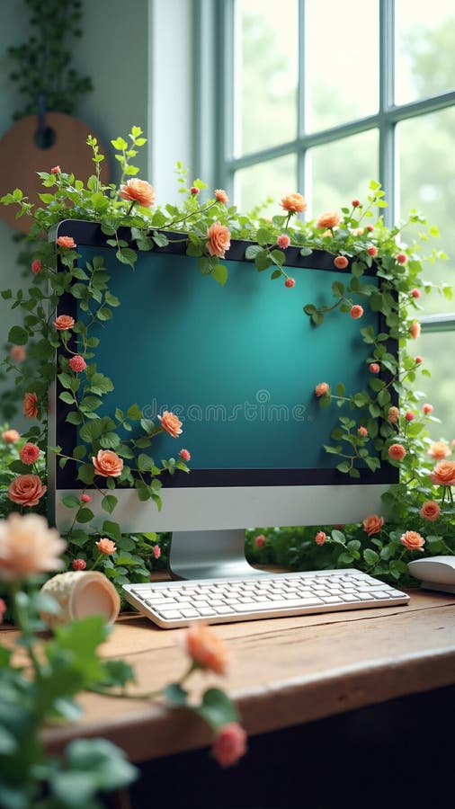 A Desktop Computer Surrounded by by Greenery Stock Illustration ...