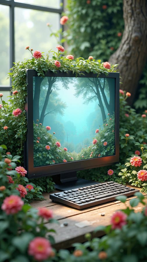 A Desktop Computer Surrounded by by Greenery Stock Illustration ...