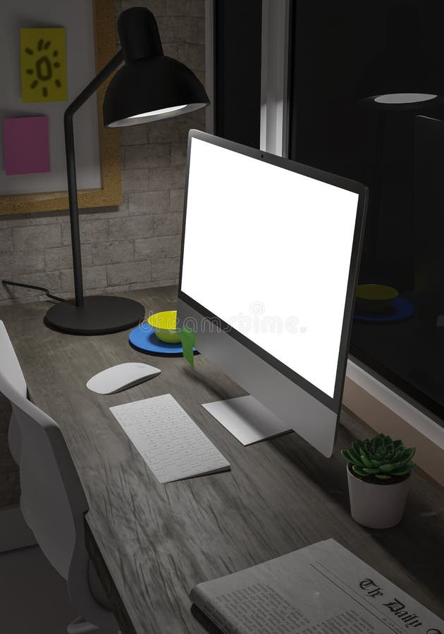 Desktop Computer on the Table of the Office Mockup 3d Rendering. 3d ...