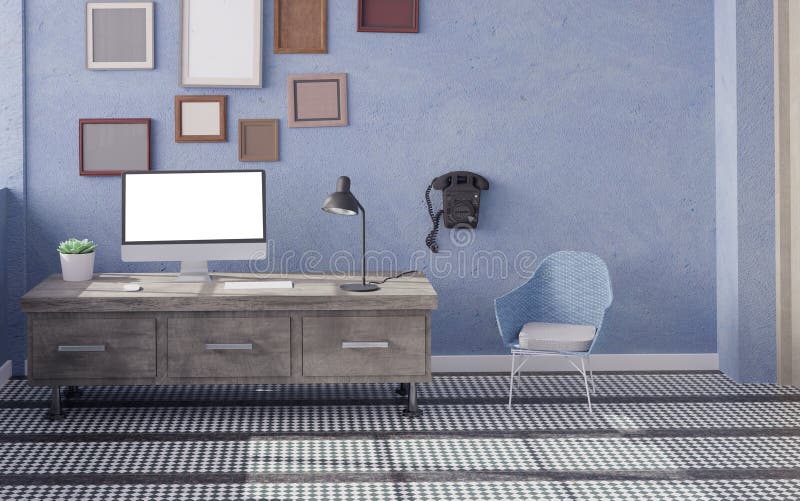 Desktop Computer on the Table of the Office Mockup 3d Rendering. 3d ...