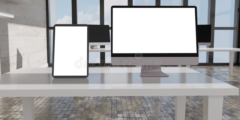 Desktop Computer with White Screen on the Table of the Office Mockup 3d ...