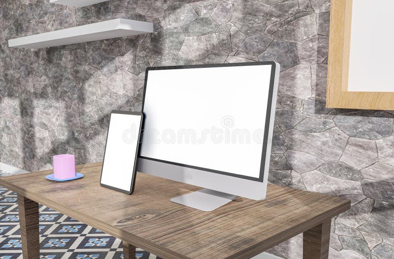 Desktop Computer , and Tablet 3d Rendering Mockup .3d Illustration ...