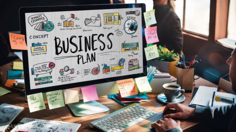 A Desktop Computer with a Visual Business Plan Stock Illustration ...