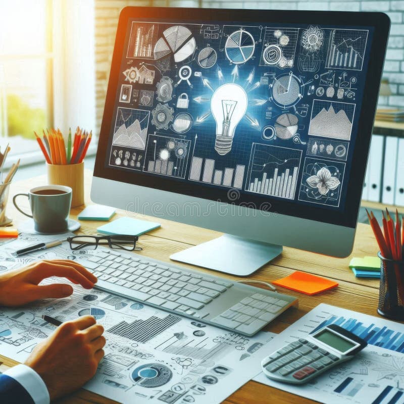 A Desktop Computer with a Visual Business Plan Stock Illustration ...