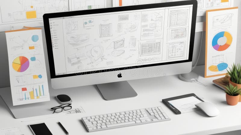 A Desktop Computer with a Visual Business Plan Stock Illustration ...