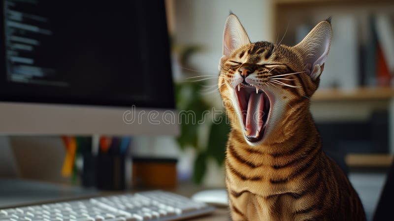 A Desktop with a Computer Was Where a Cute Yawning Cat with Red Hair ...